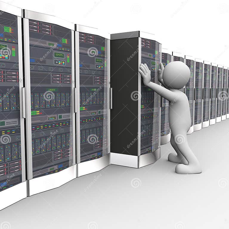 3d Man Working in Computer Network Server Room Stock Illustration ...