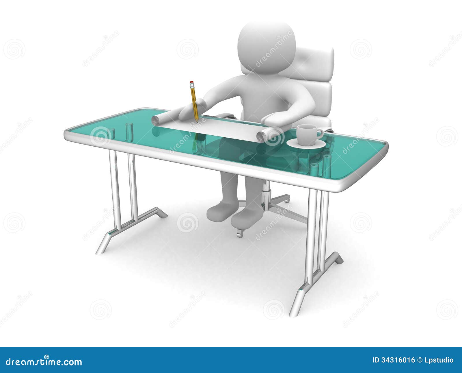 3d Man Working on a Plan and a Cup of Coffee Stock Illustration ...