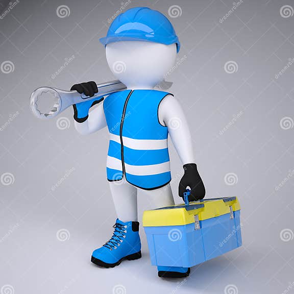 3d Man with Wrench and Tool Box Stock Illustration - Illustration of ...