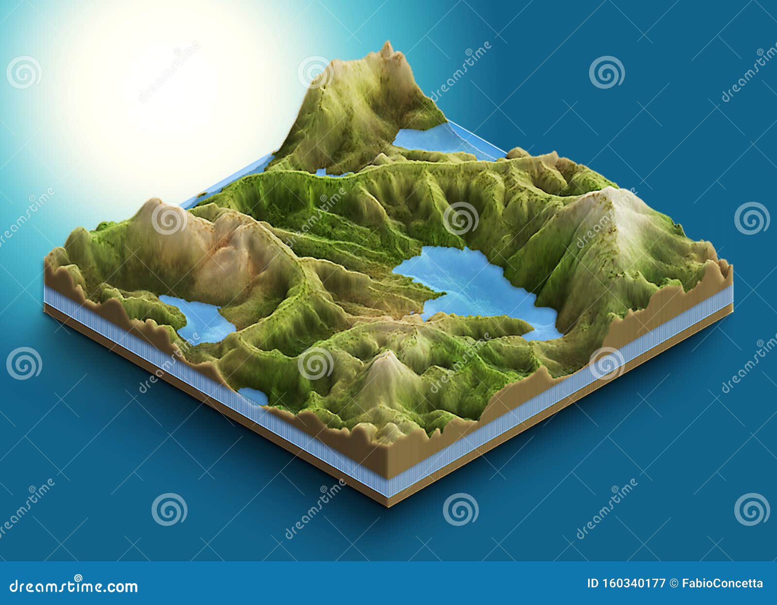 3d Map Isometric of a Chain of Mountains and Ponds with Vegetation and ...