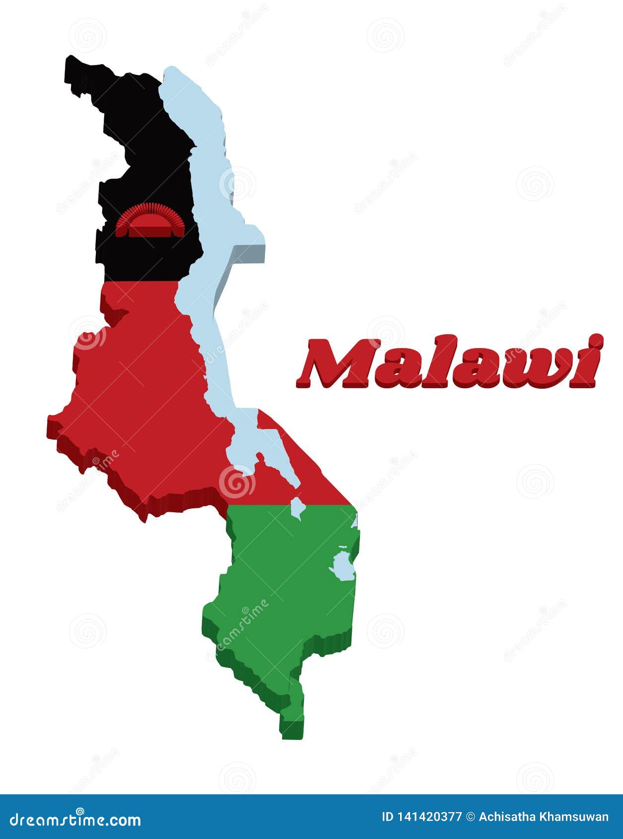 3d Map Outline And Flag Of Malawi A Horizontal Triband Of Black Red