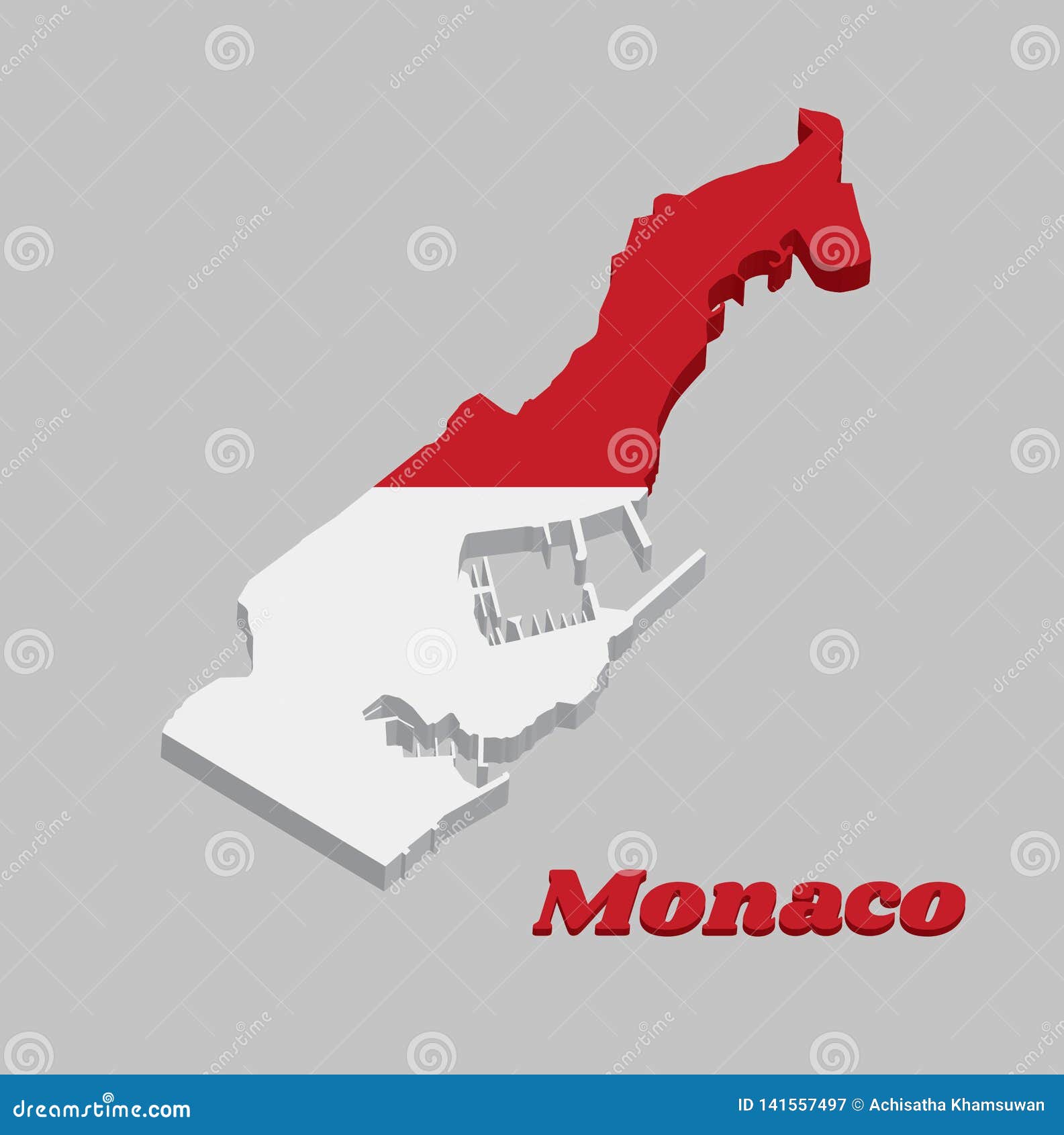 3D Map Outline and Flag of Monaco, Two Equal Horizontal Bands, Red Top ...