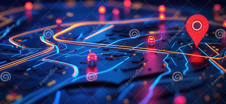 3D Map Visualization with Navigation Markers and Cars in Neon Colors ...