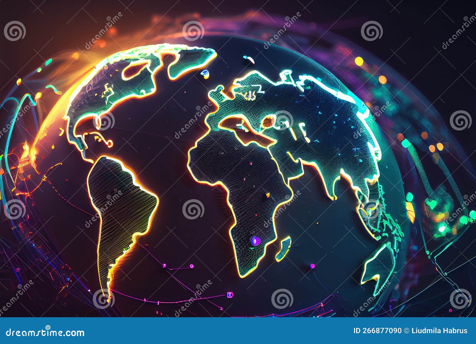 3d Mapa Neon Do Mundo. Ai Generativo Ilustração Stock - Ilustração de ...