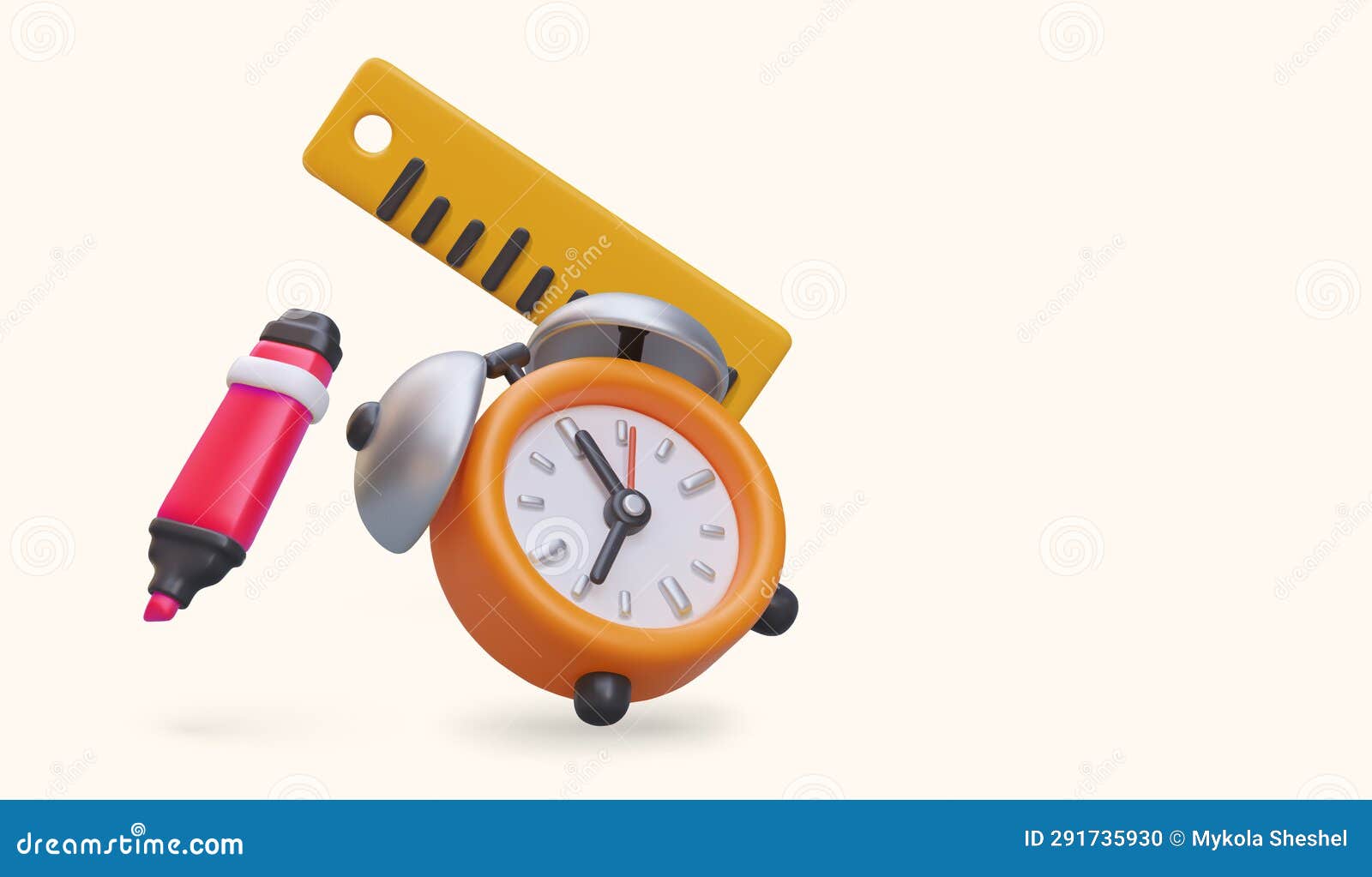 3D Marker, Alarm Clock, Ruler. Study Time Stock Illustration ...