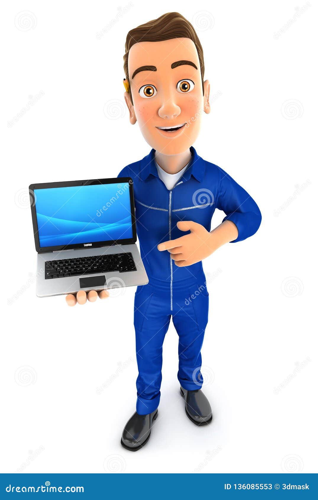 3d Mechanic Holding a Laptop Stock Illustration - Illustration of ...