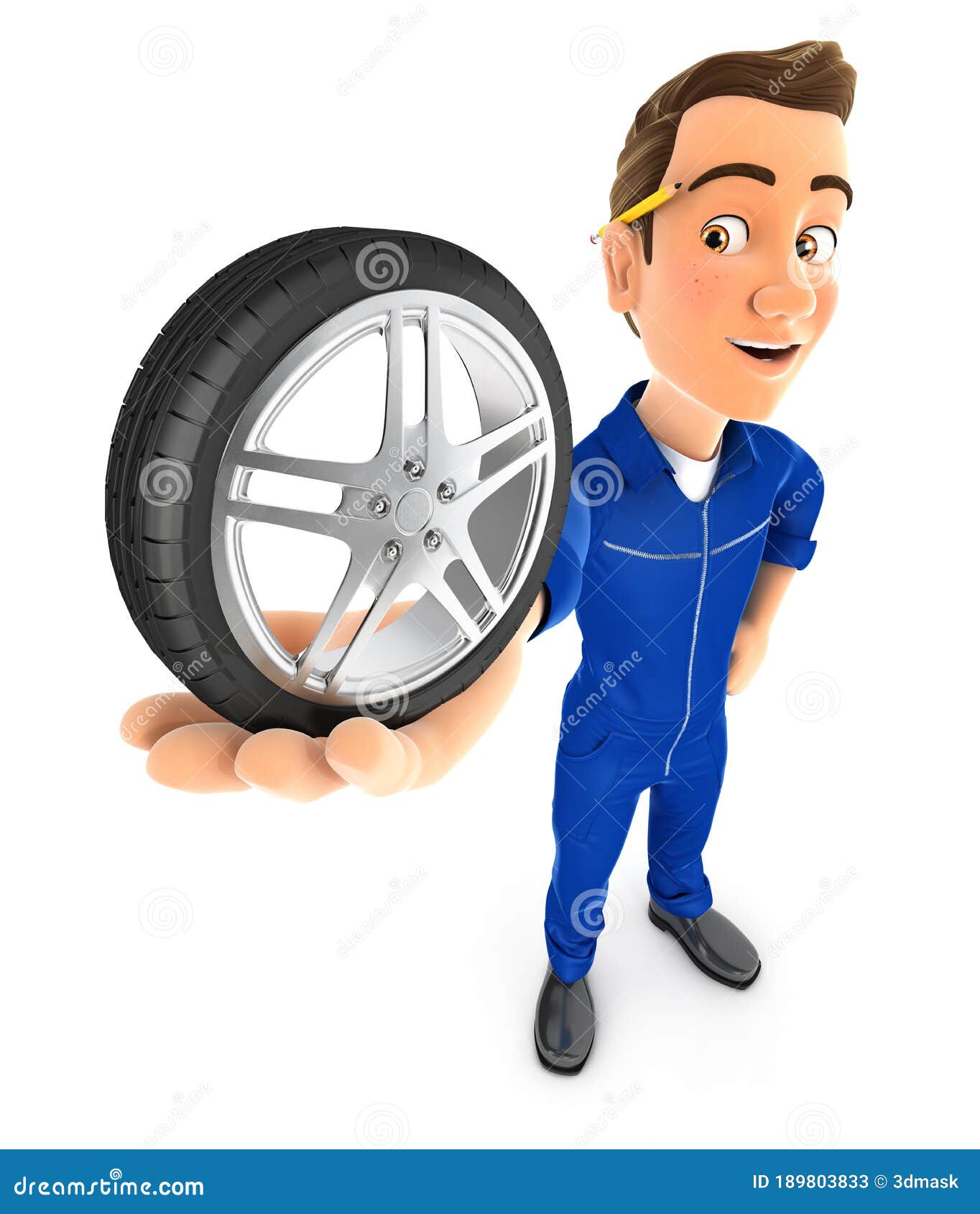 3d Mechanic Standing and Holding Wheel Stock Illustration ...