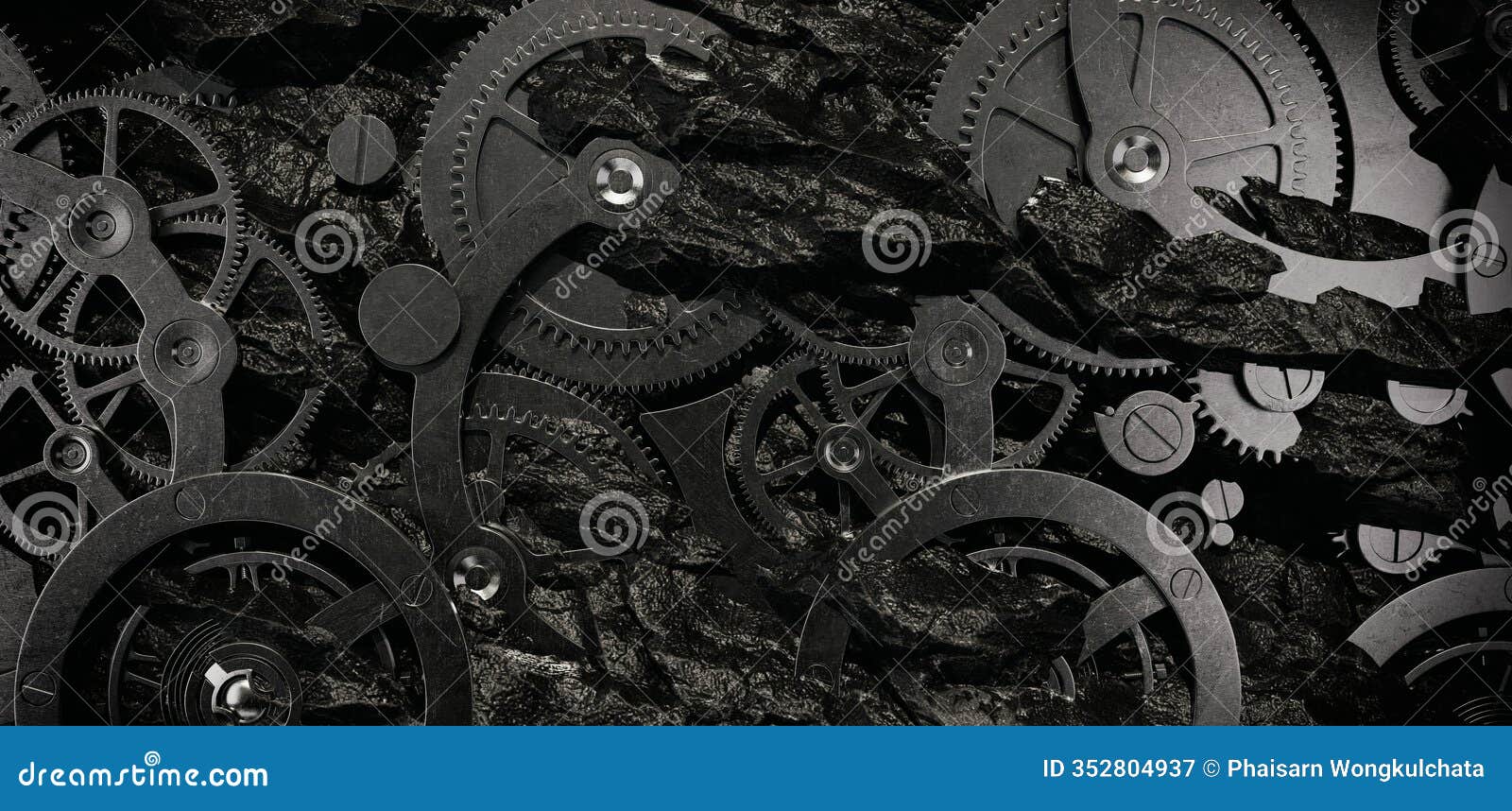 3D Mechanical Gears Embedded in Rock Texture Stock Illustration ...