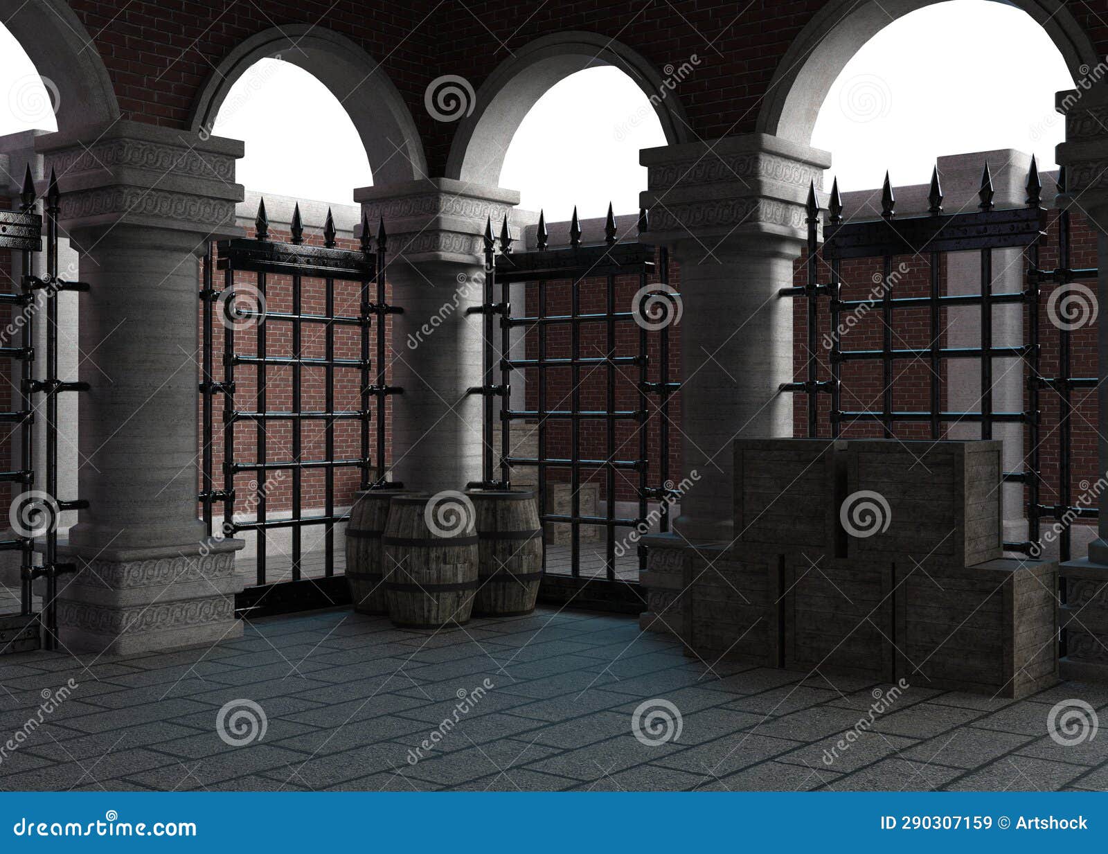 3D Medieval Gated Courtyard Stock Illustration - Illustration of closed ...