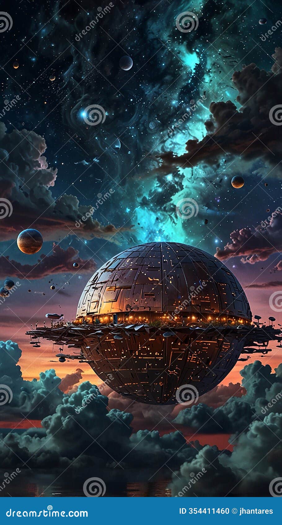 A Mesmerizing Scene Unfolds As Flying Sphere Stock Illustration ...