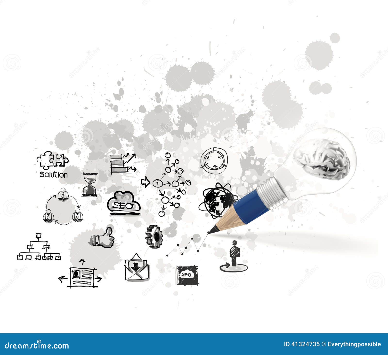 3d Metal Human Brain Inside Pencil Light Bulb Stock Illustration ...