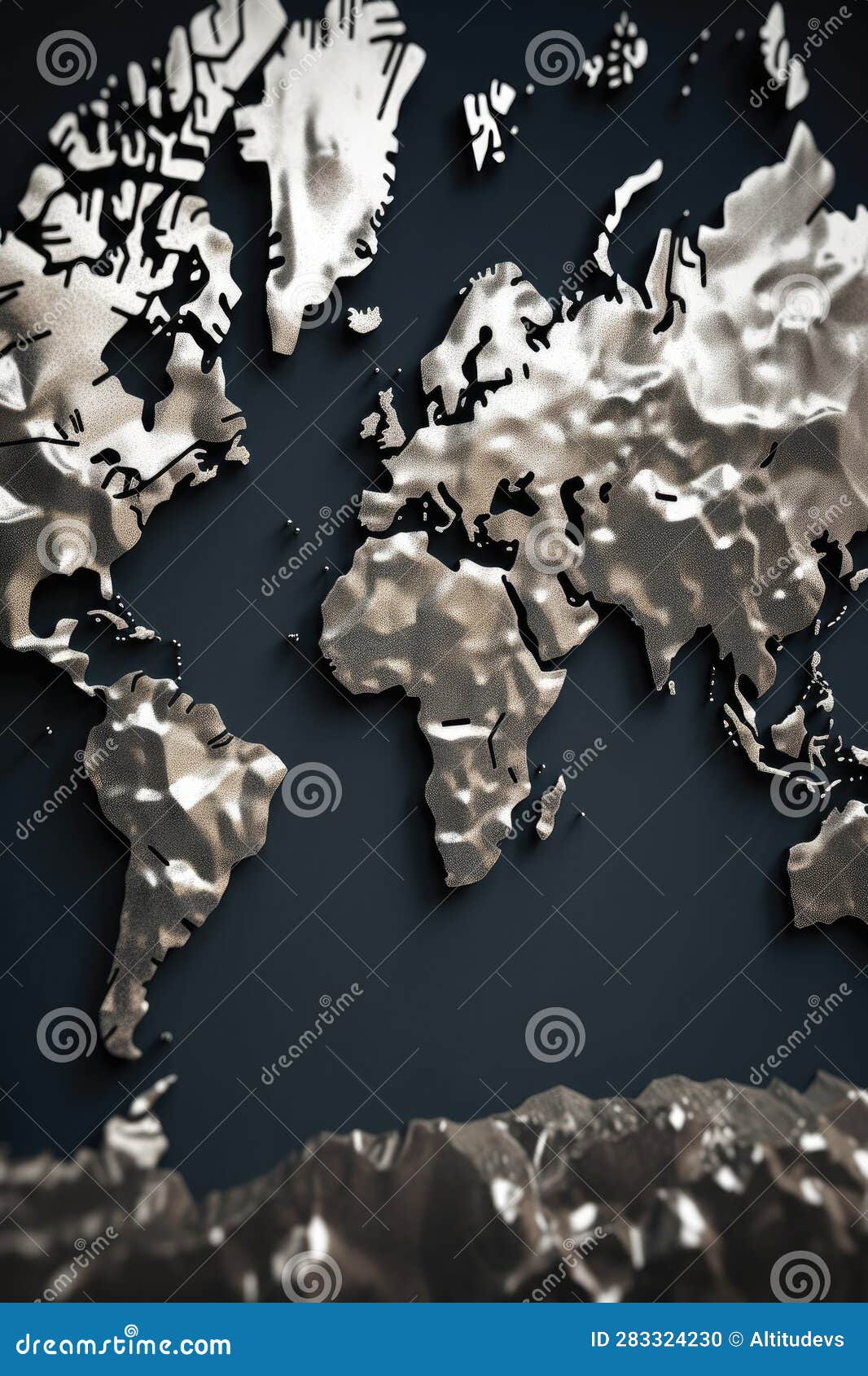 3d Metallic World Map with Raised Continents Stock Illustration ...