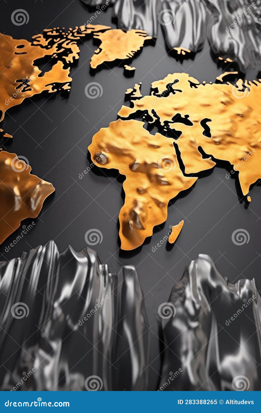 3d Metallic World Map with Raised Continents Stock Image - Image of ...