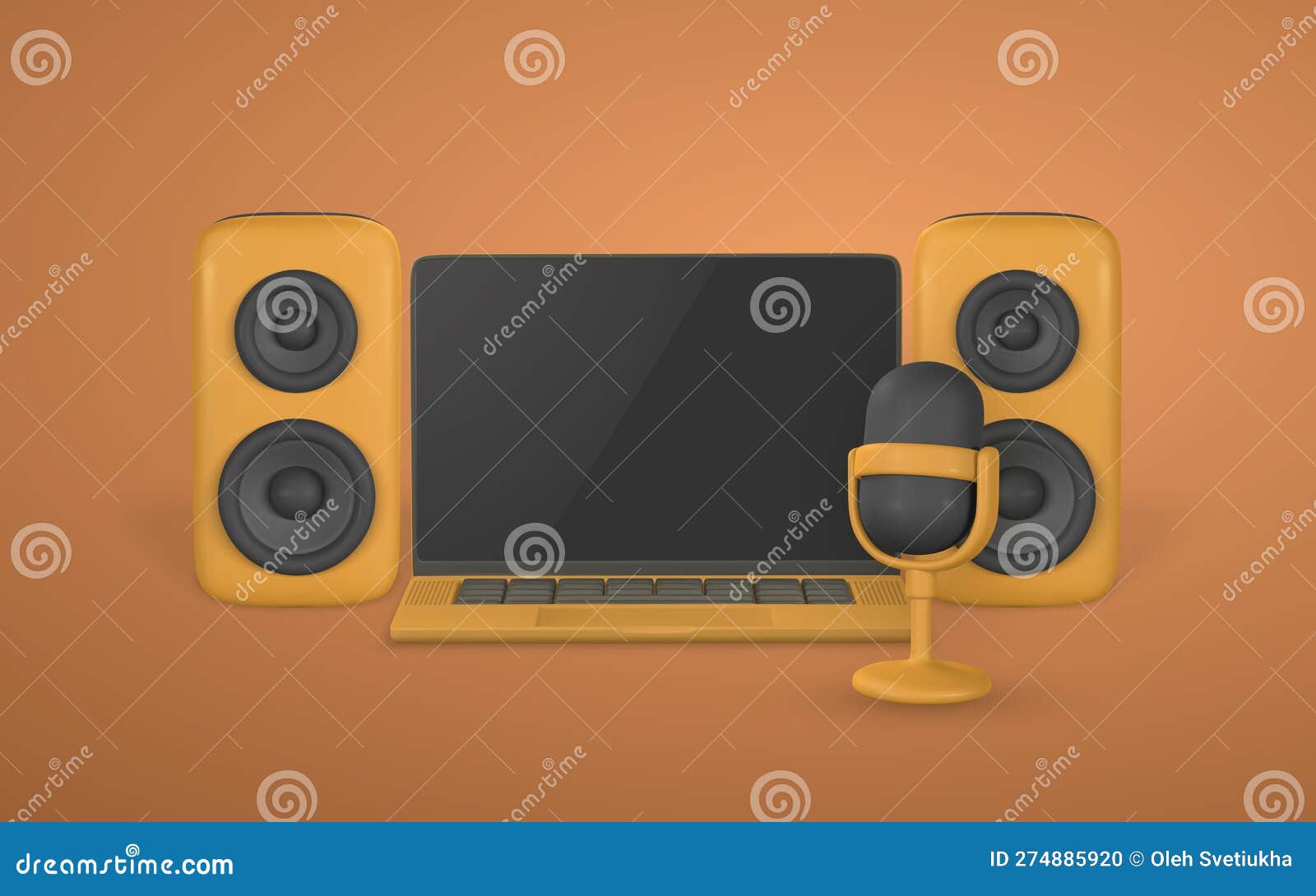 3d Microphone, Laptop and Audio Speaker in Plastic Cartoon Style ...