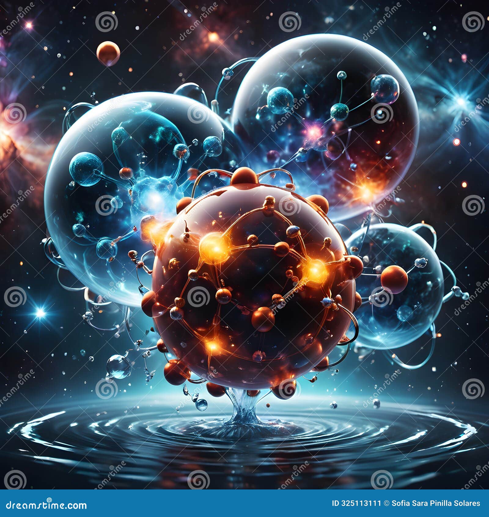 3D Microscopic Image Of Atoms With Electrons, Neutrons, And Protons On ...