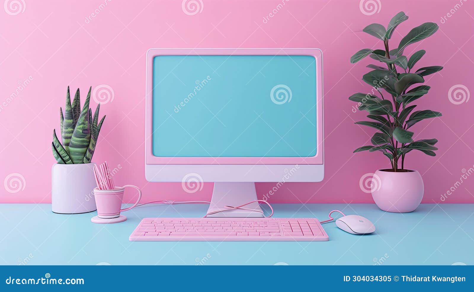 3D Minimal Desktop with Blank Screen Mockup, Empty Screen for Text, and ...