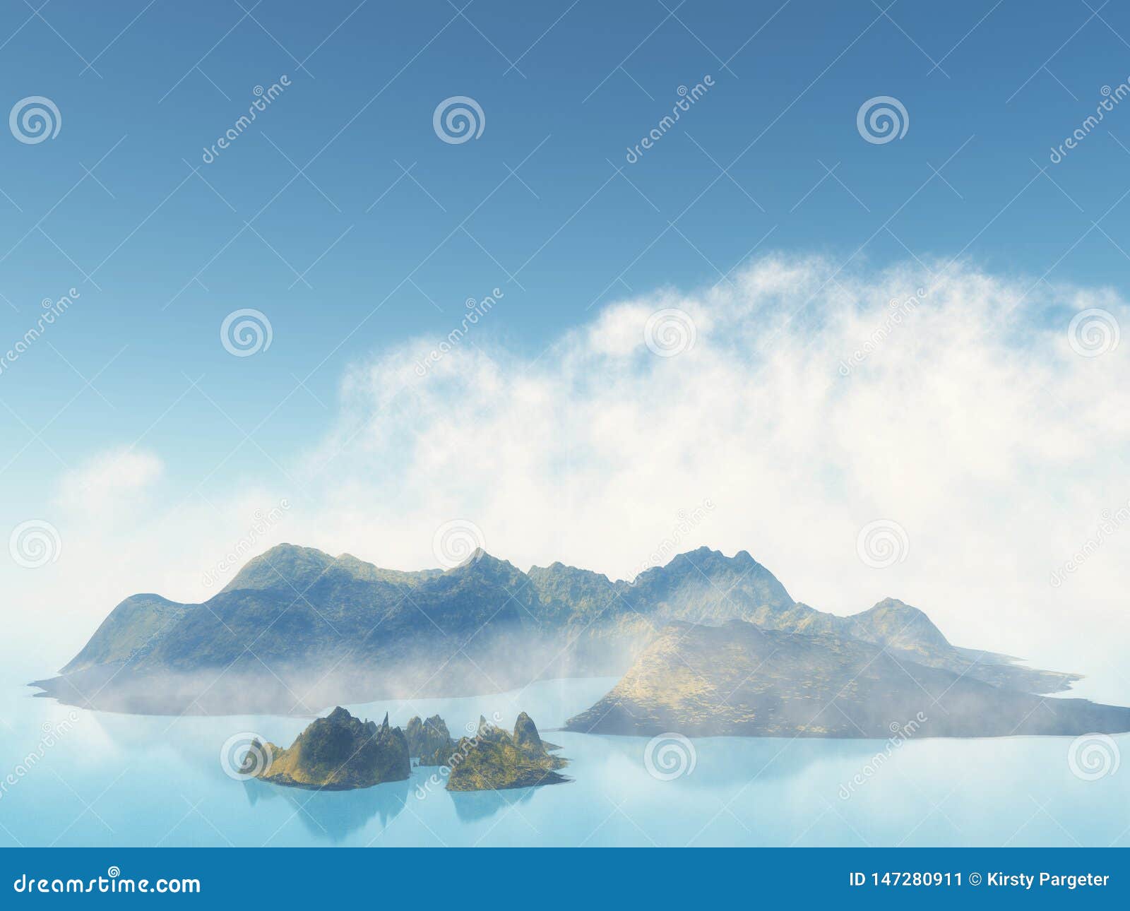 3D misty island in the sea stock illustration. Illustration of island ...