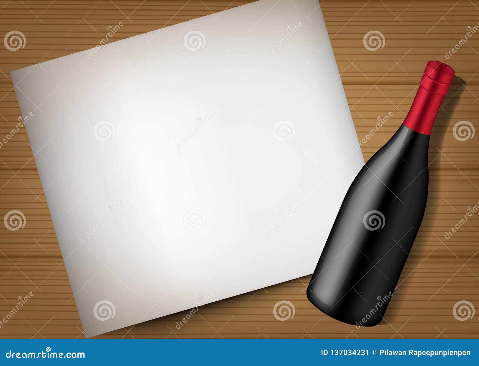 3D Mock Up Realistic Wine Bottle, Paper and Wood Background ...