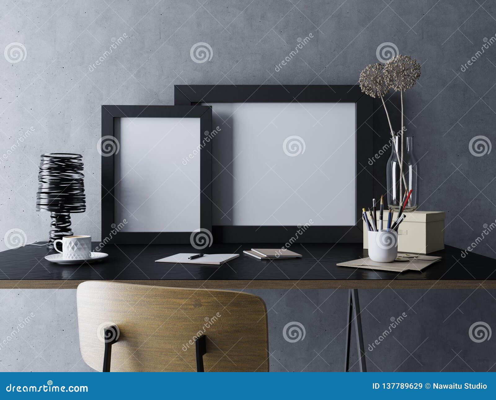 Mockup Render of Two Empty White Poster Template in Black Frame in Cozy ...