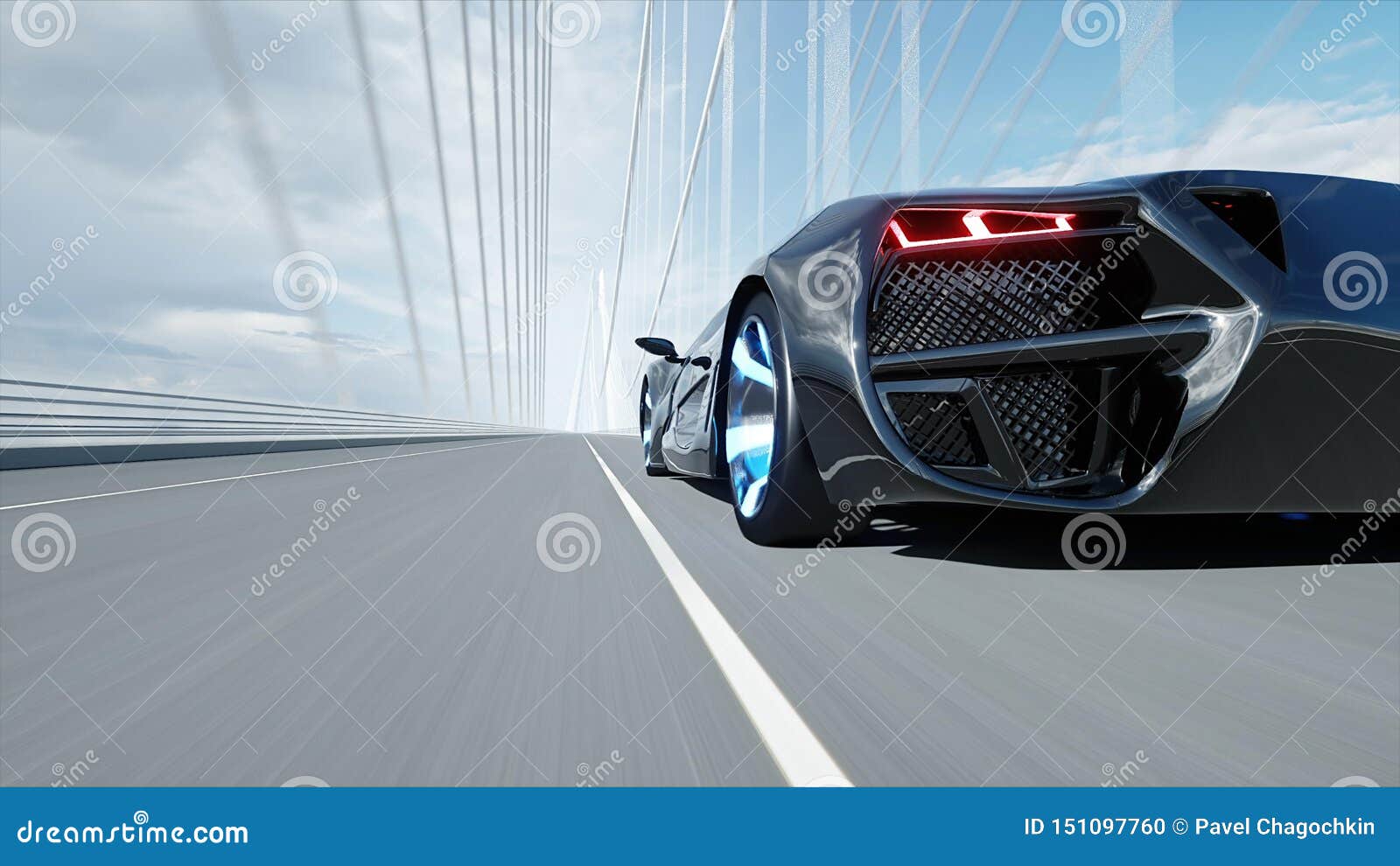 3d Model of Black Futuristic Car on the Bridge. Very Fast Driving ...