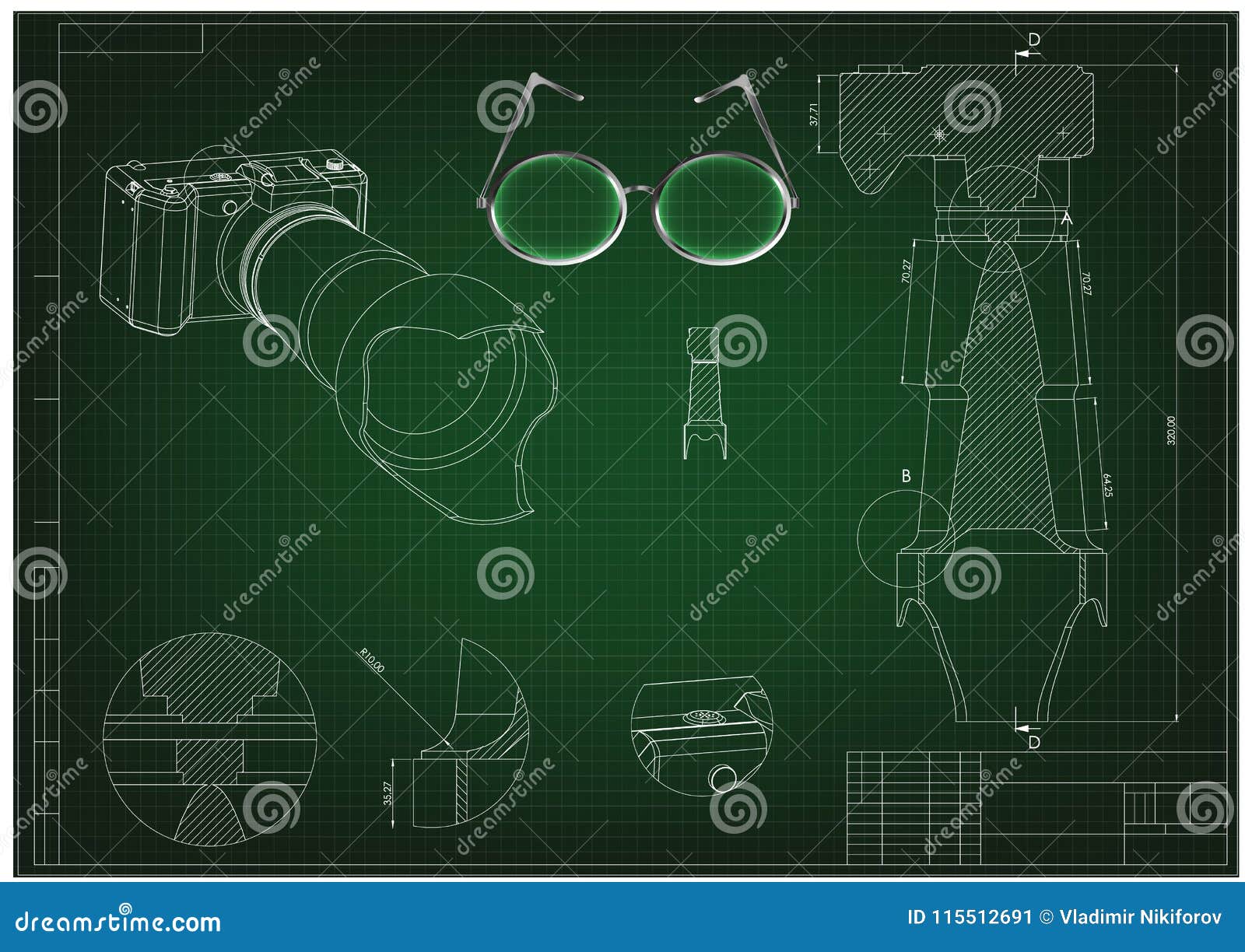 3d Model of the Camera on a Green. Drawing Stock Vector - Illustration ...