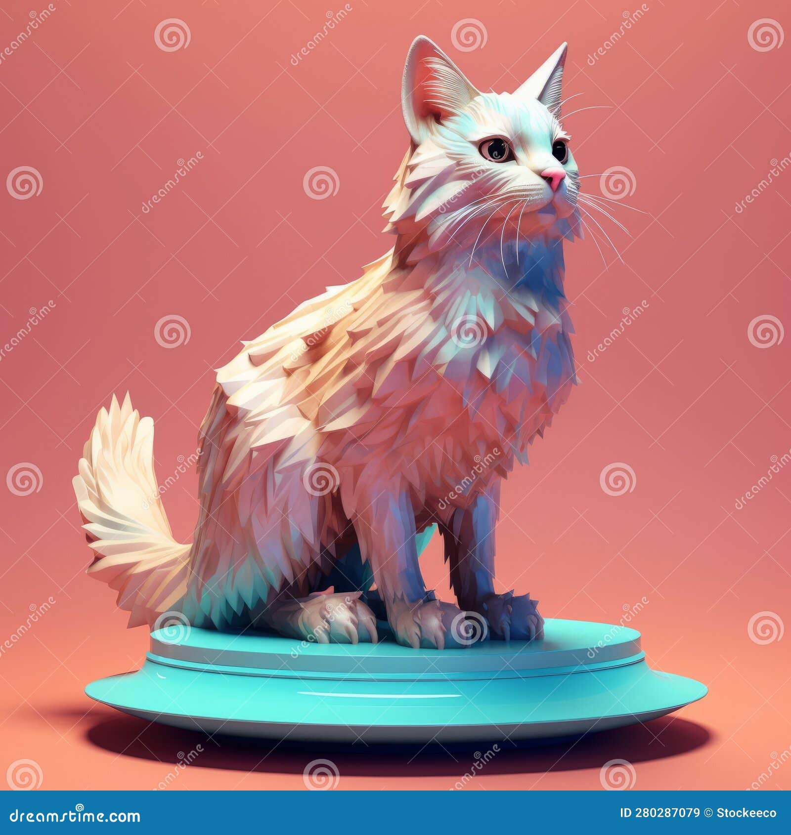 Saturated 3d Digital Animation of White Cat on Pedestal Stock ...