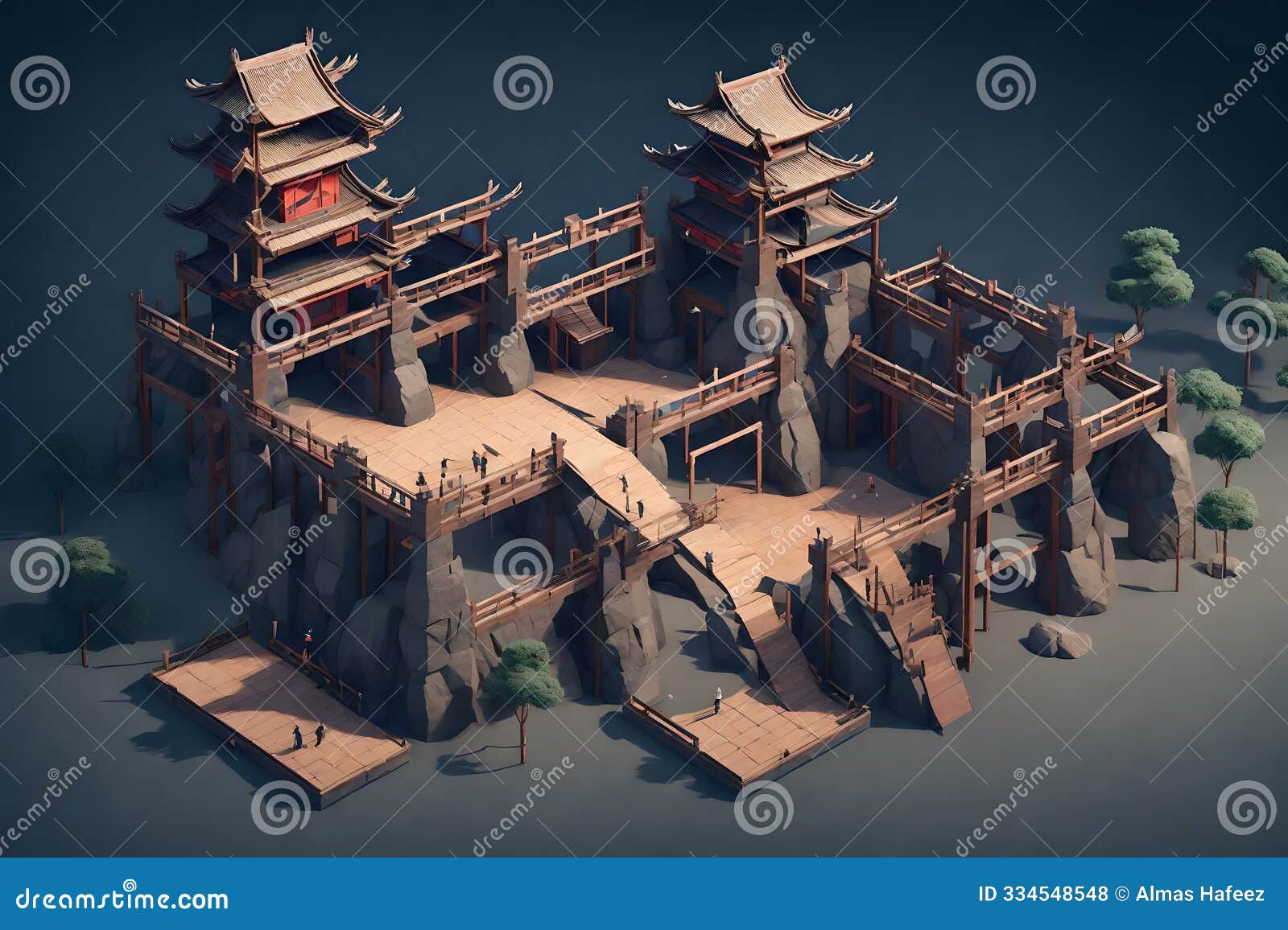 3d Model of a Chinese Temple in Isometric Illustration, Isolated on a ...