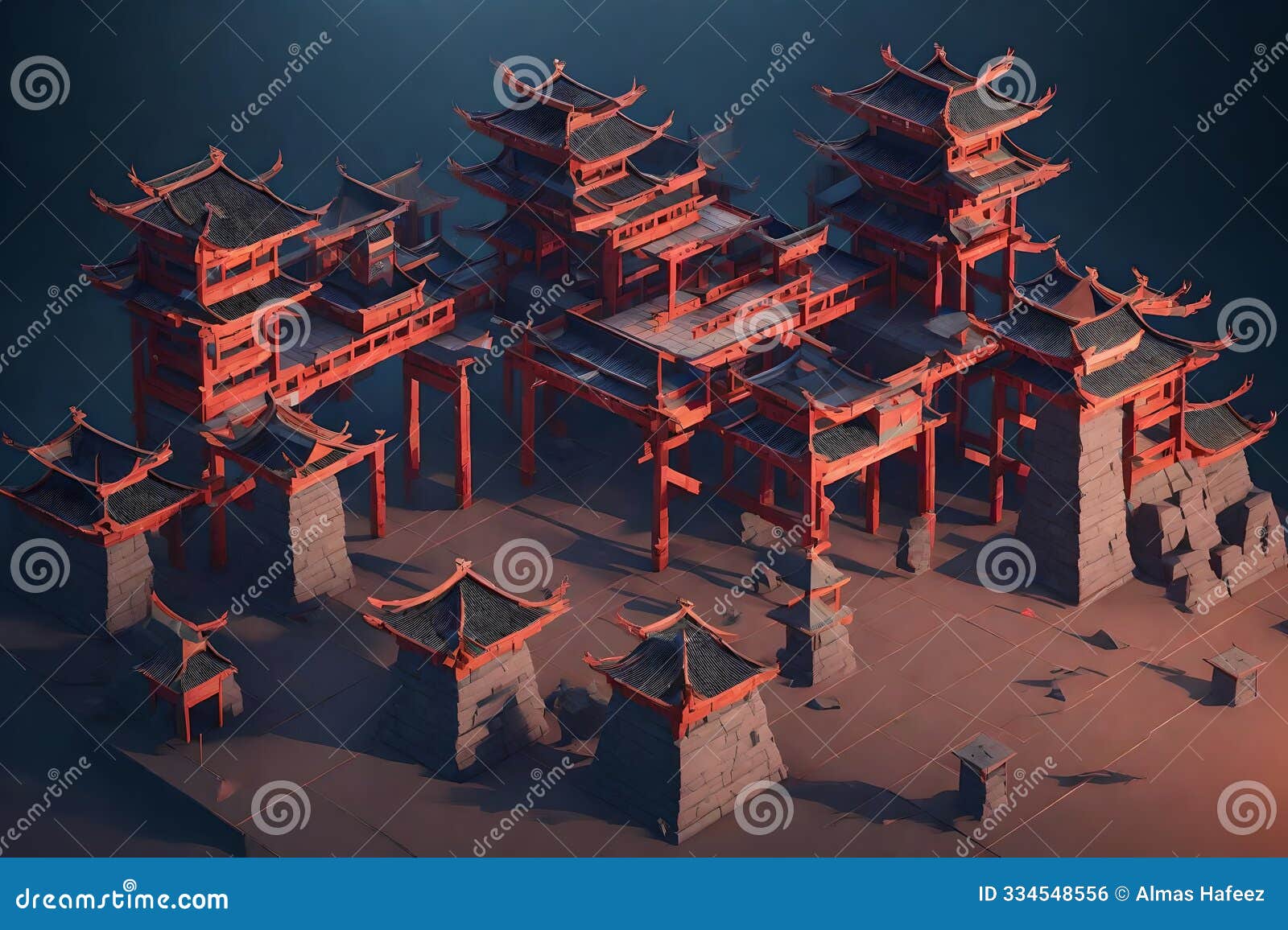 3d Model of a Chinese Temple in Isometric Illustration, Isolated on a ...