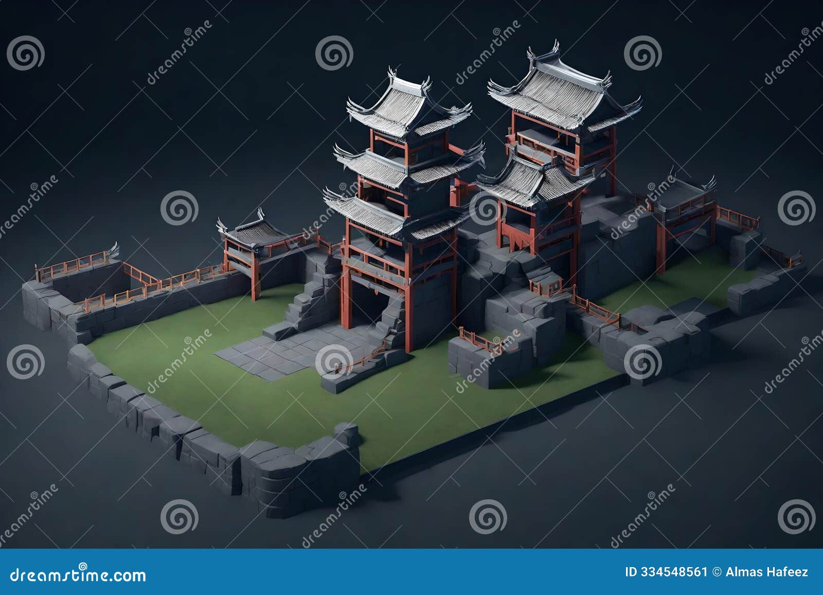 3d Model of a Chinese Temple in Isometric Illustration, Isolated on a ...
