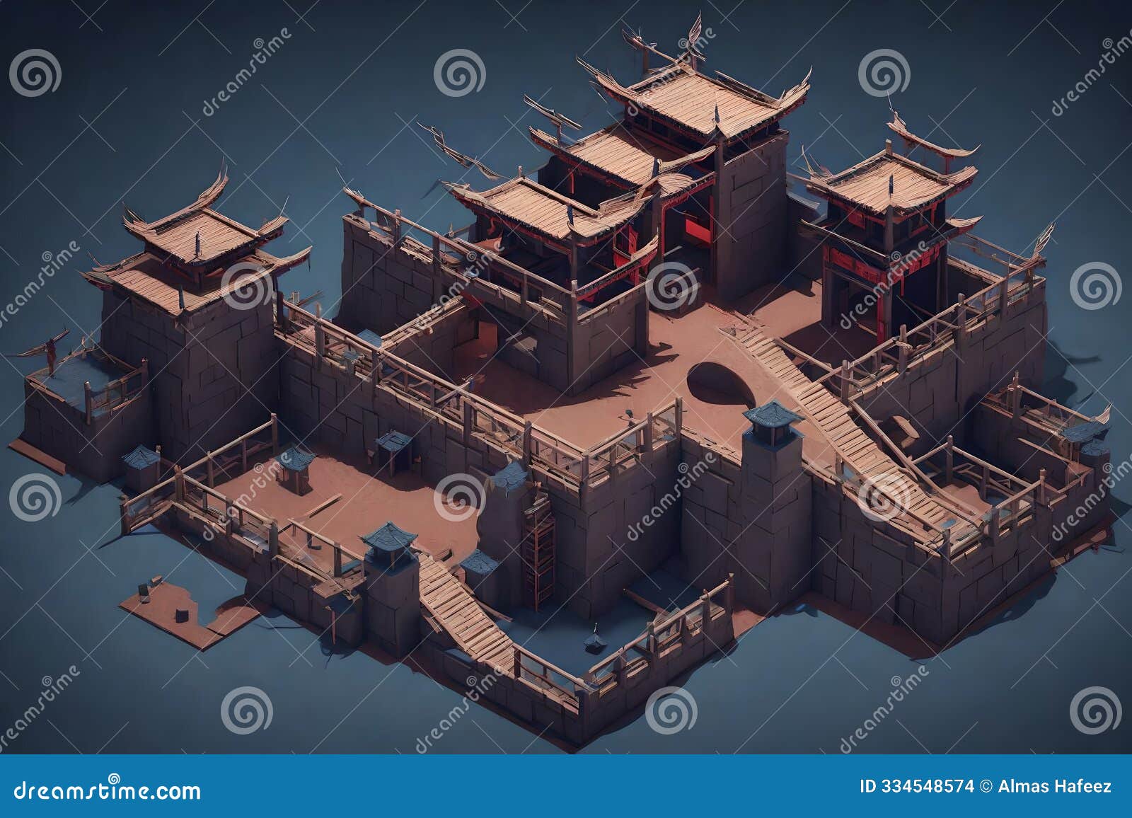 3d Model of a Chinese Temple in Isometric Illustration, Isolated on a ...