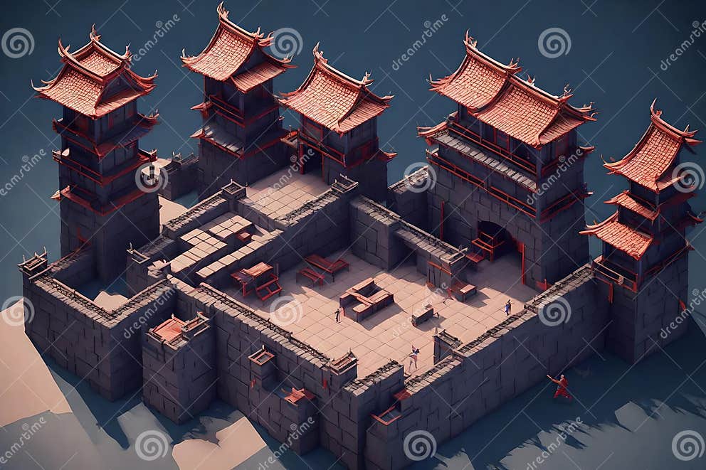 3d Model of a Chinese Temple in Isometric View, Isolated Against a ...