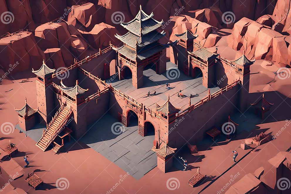 3d Model of a Chinese Temple in Isometric View, Isolated Against a ...