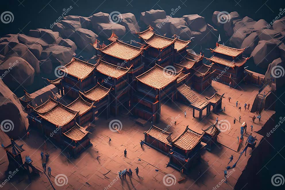 3d Model of a Chinese Temple in Isometric View, Isolated Against a ...