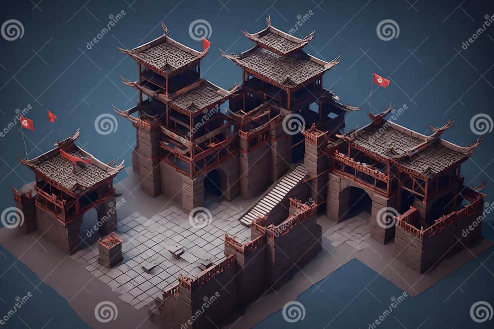 3d Model of a Chinese Temple in Isometric View, Isolated Against a ...