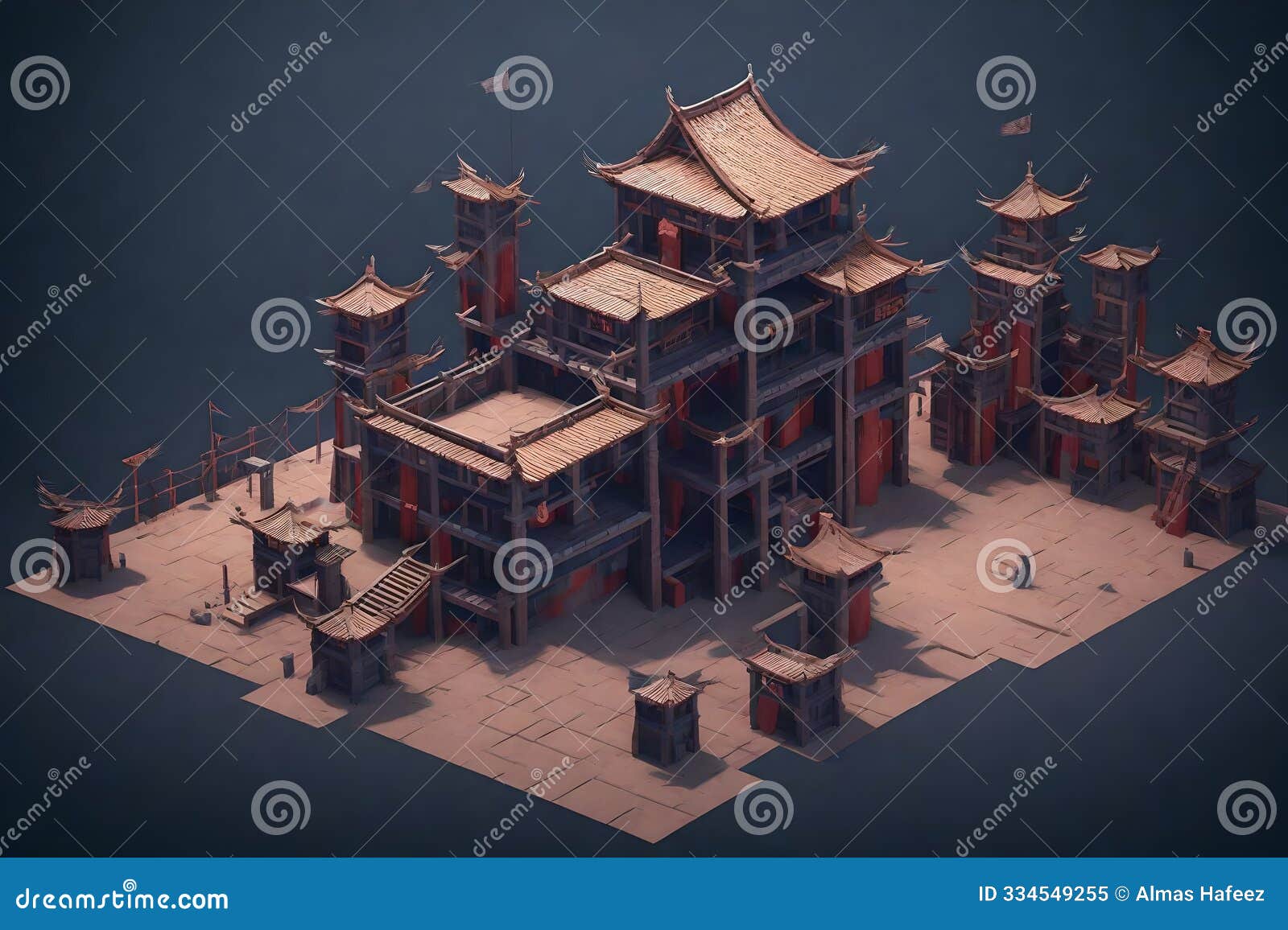 3d Model of a Chinese Temple in Isometric View, Isolated on a Solid ...
