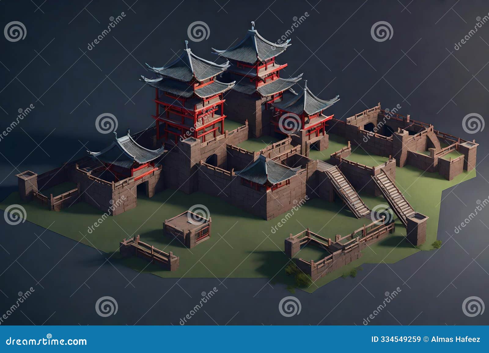 3d Model of a Chinese Temple in Isometric View, Isolated on a Solid ...