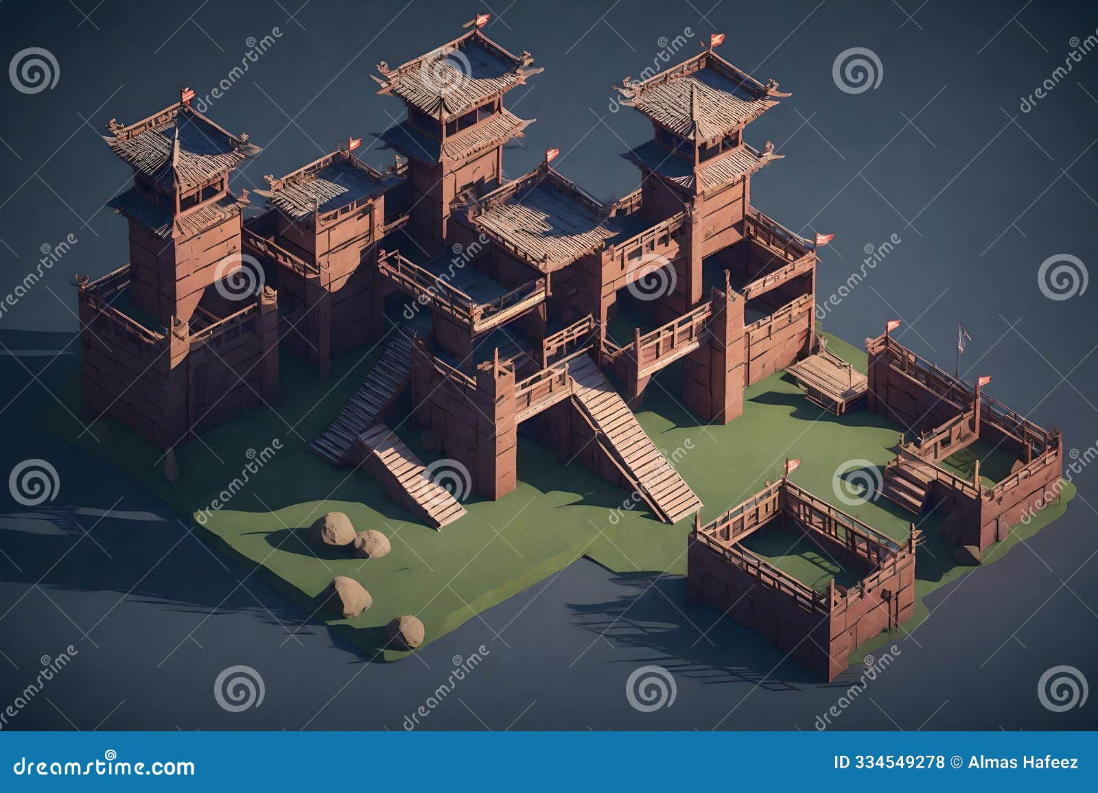3d Model of a Chinese Temple in Isometric View, Isolated on a Solid ...