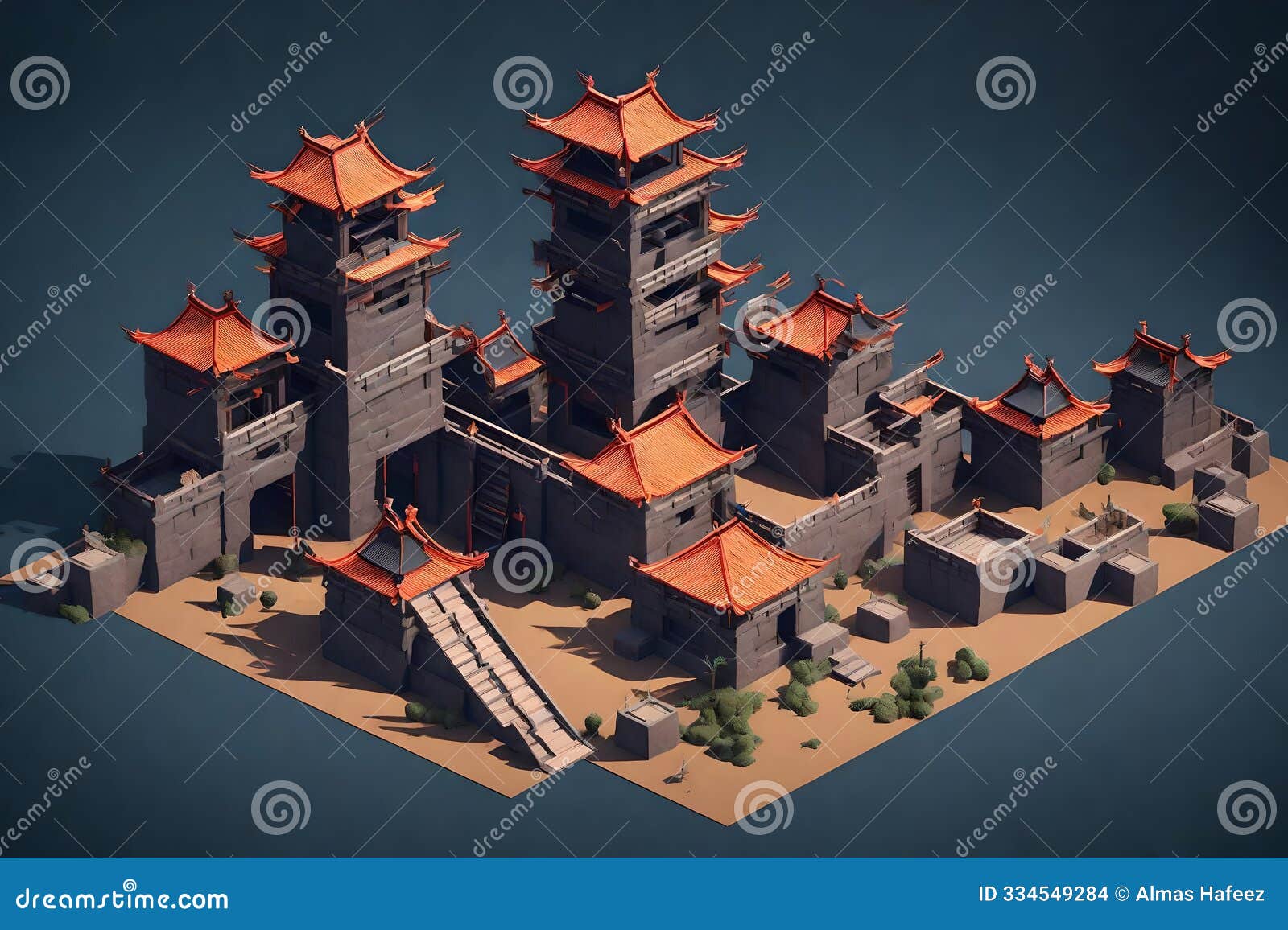 3d Model of a Chinese Temple in Isometric View, Isolated on a Solid ...