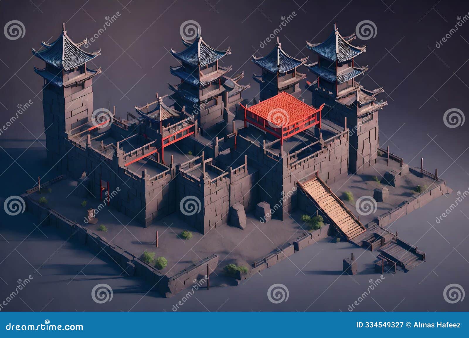 3d Model of a Chinese Temple in Isometric View, Isolated on a Solid ...