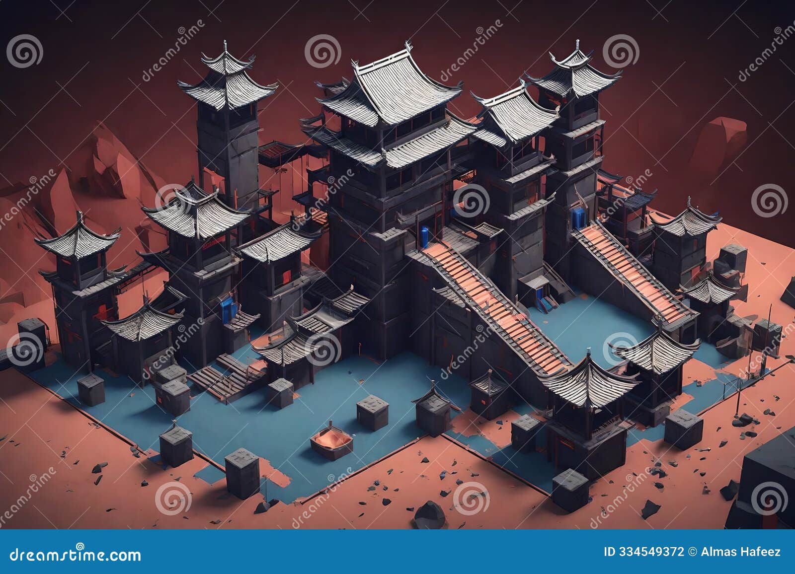 3d Model of a Chinese Temple in Isometric View, Isolated on a Solid ...