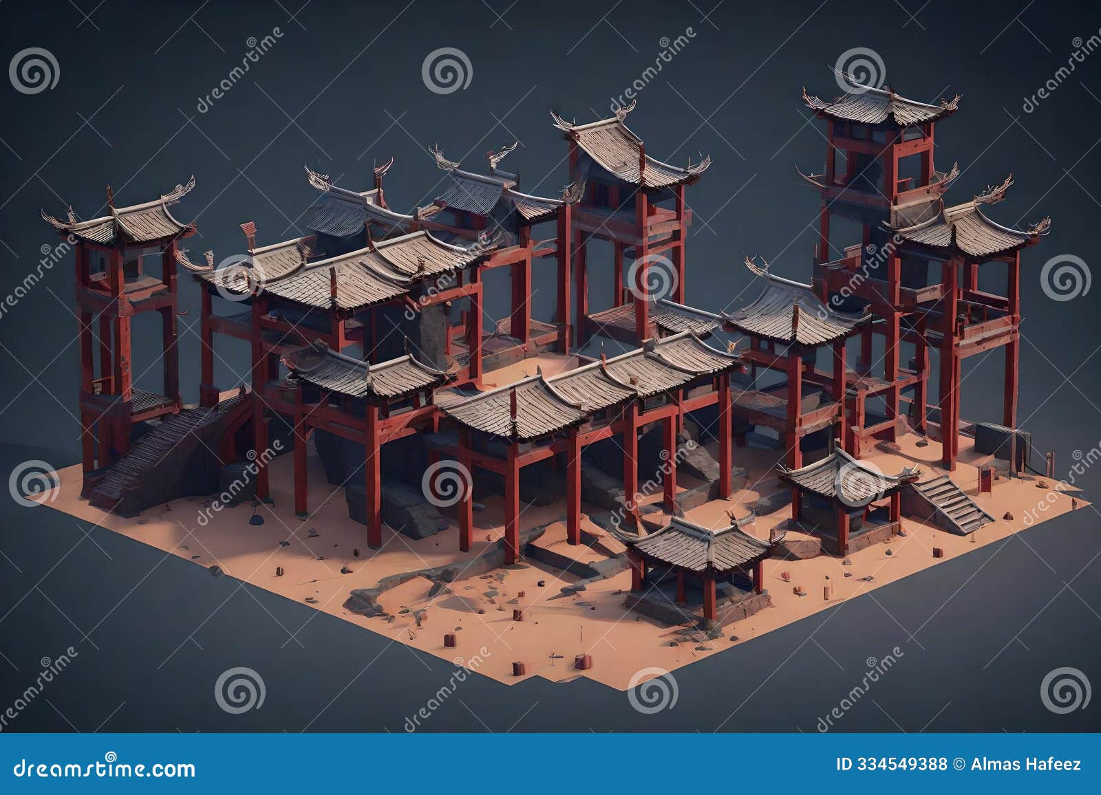 3d Model of a Chinese Temple in Isometric View, Isolated on a Solid ...