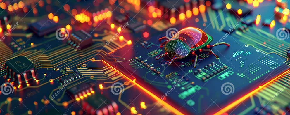 A 3D Model of a Computer Chip with a Glowing Neon Bug Lurking within ...