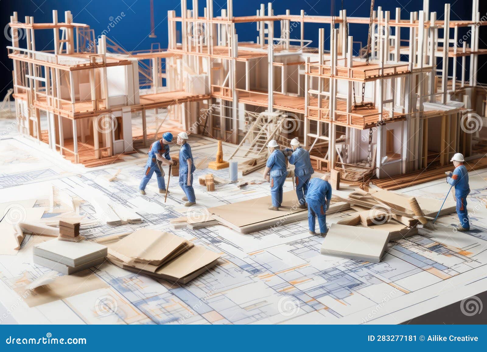 3d Model of Construction Site with Blueprints and Workers at Work Stock ...