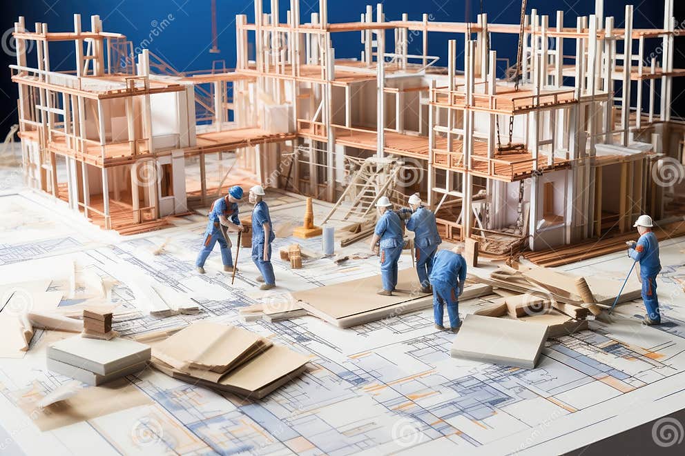 3d Model of Construction Site with Blueprints and Workers at Work Stock ...