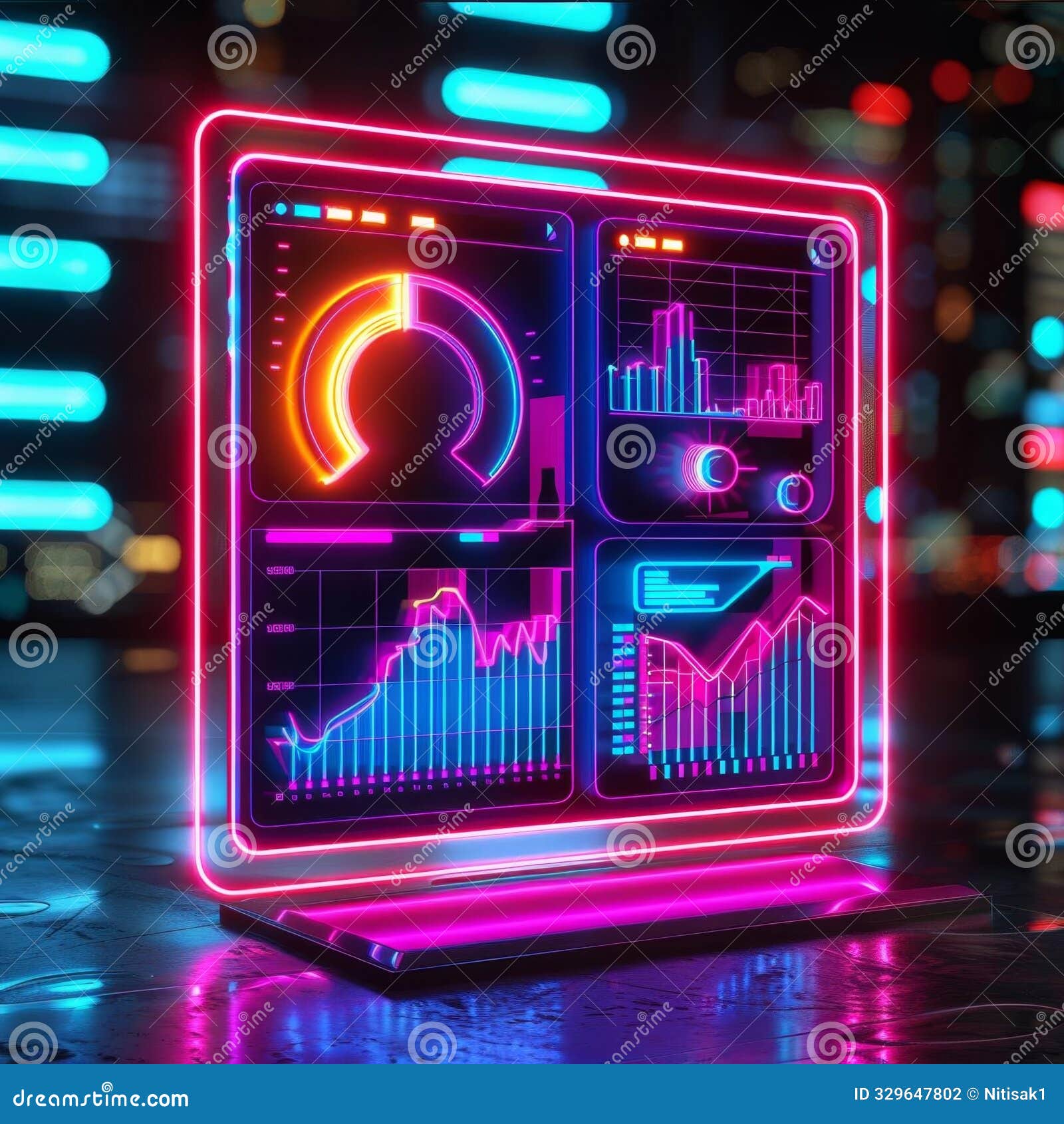 3D Model of a Data Monitoring Icon with Neon Colors and Dynamic ...