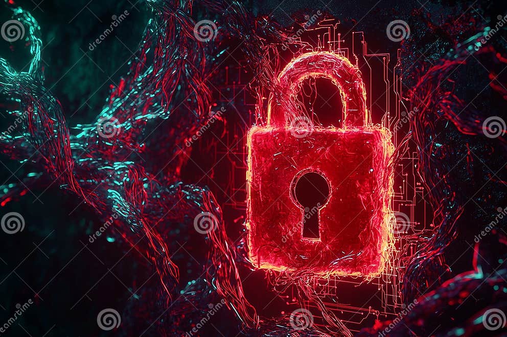 3D Model of a Digital Padlock Floating in a Data Stream, with Intricate ...