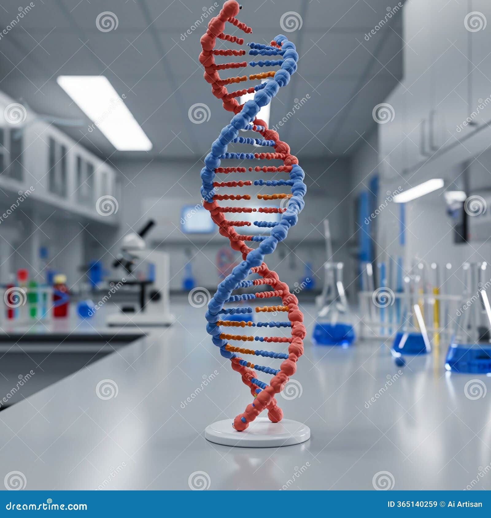 A 3D Model Of A DNA Helix Stands Next To A Microscope On A White ...