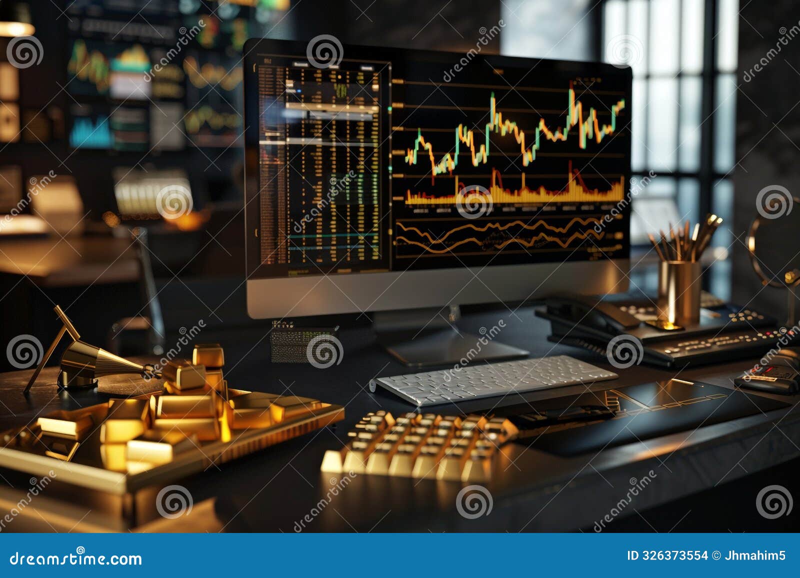 3D Model of a Financial Analysts Desk with Gold Bars Charts Stock ...