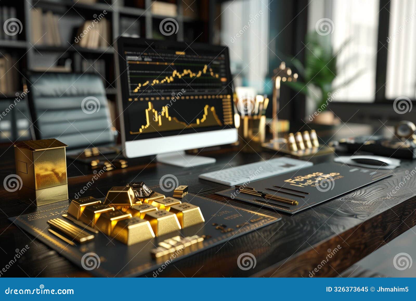 3D Model of a Financial Analysts Desk with Gold Bars Charts Stock ...