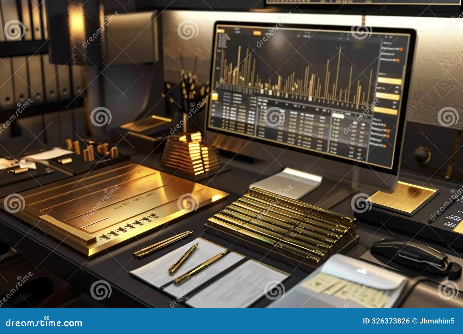 3D Model of a Financial Analysts Desk with Gold Bars Charts Stock ...